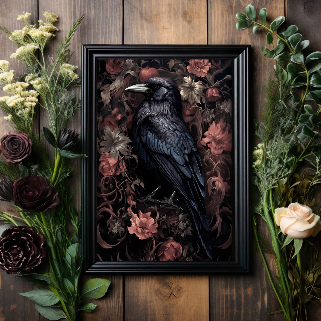Raven in Flowers Art Print No.1, Dark Forest Wall Decor, Forestcore - Etsy
