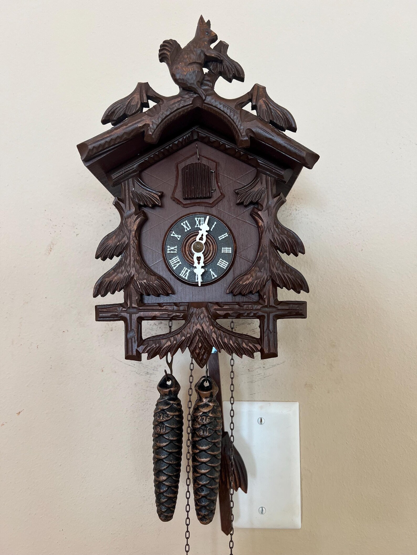 Cuckoo Clock, Squirrel Topper Working Vintage, Black Forest German Made ...