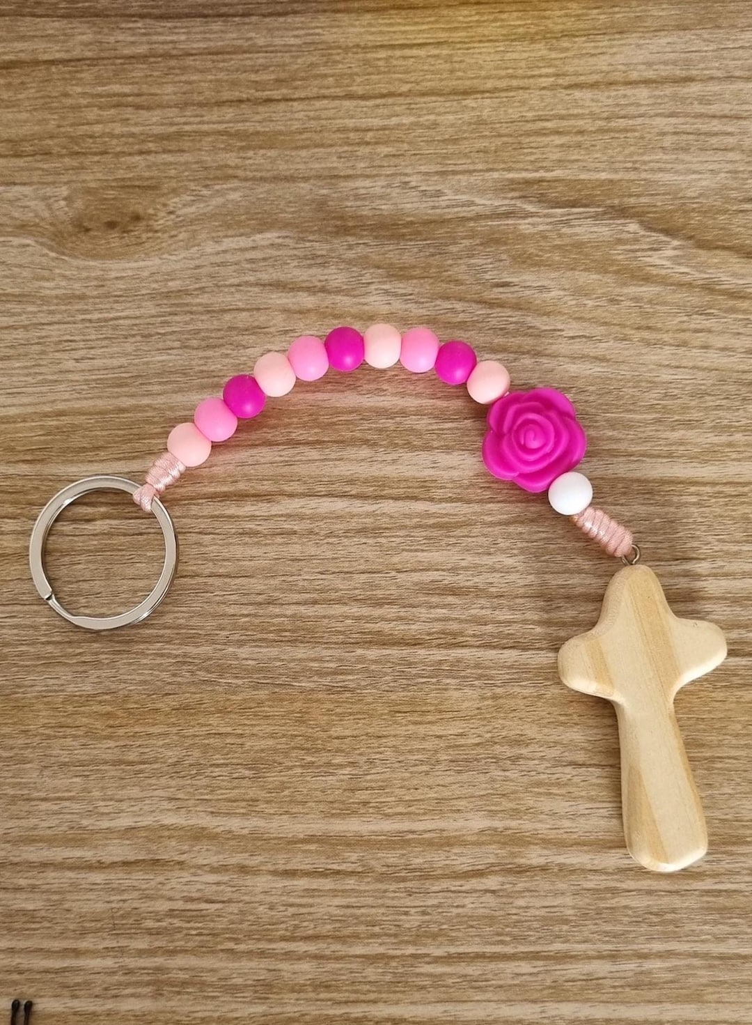 Children's Catholic Key Chain Made From Silicone Beads and a Wooden ...
