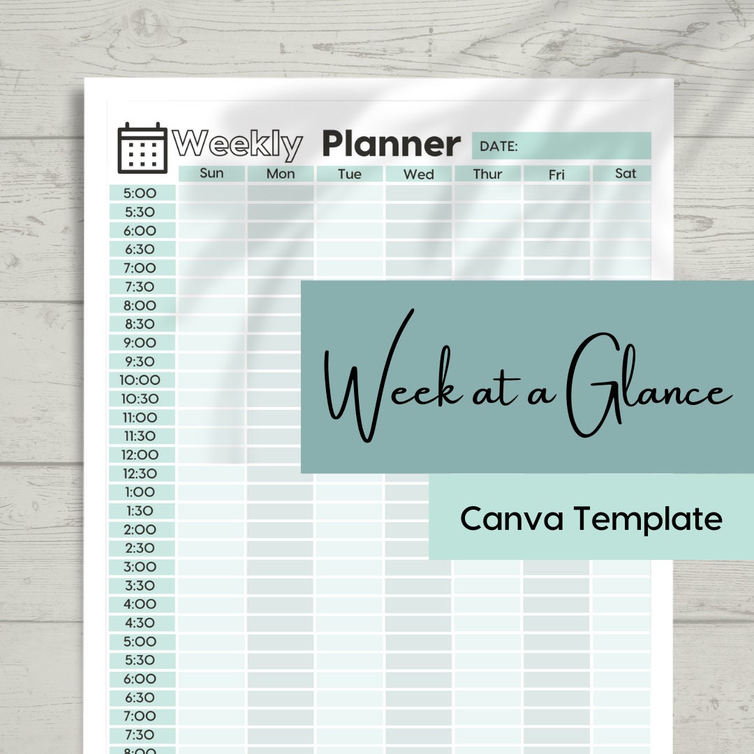 Week at a Glance Planner Template | Weekly Planner | Hourly Planner ...