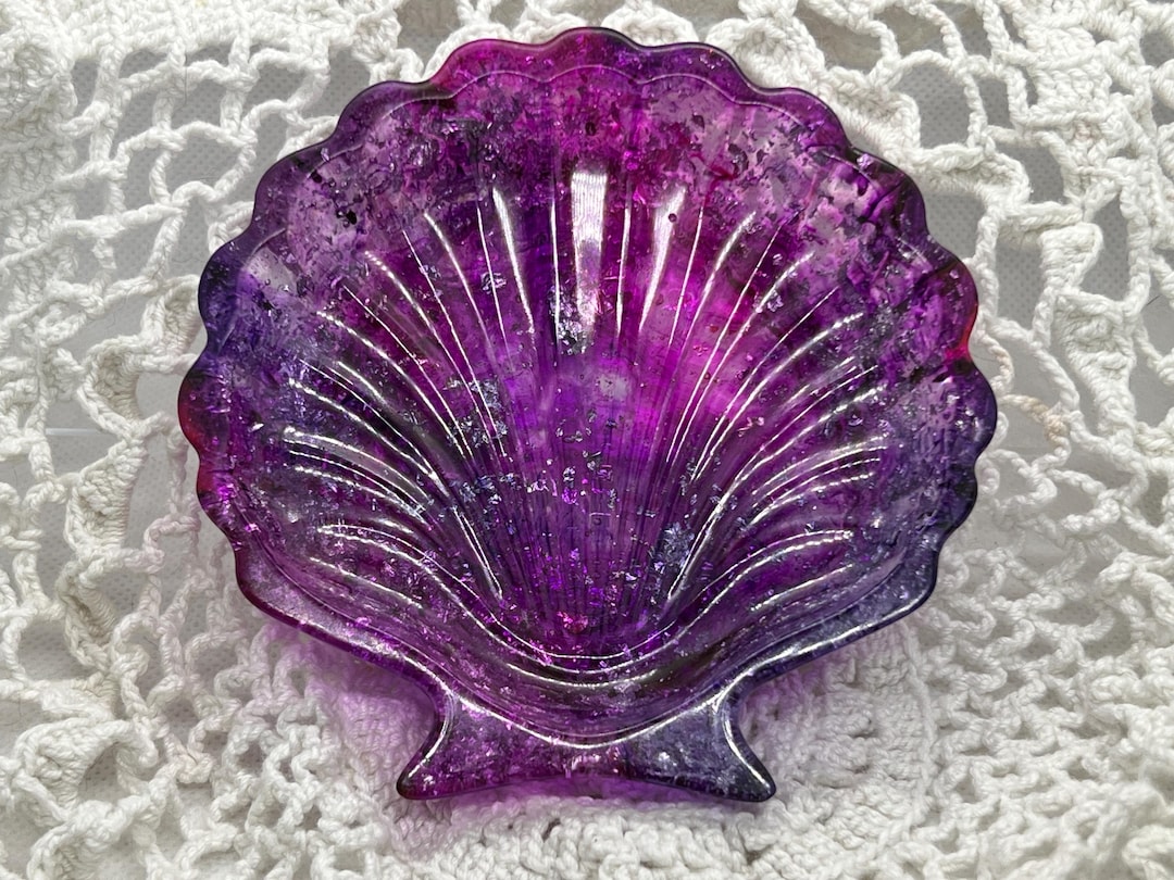 Scallop Sea Shell Trinket Tray - Swirls of Purples on Clear, With ...