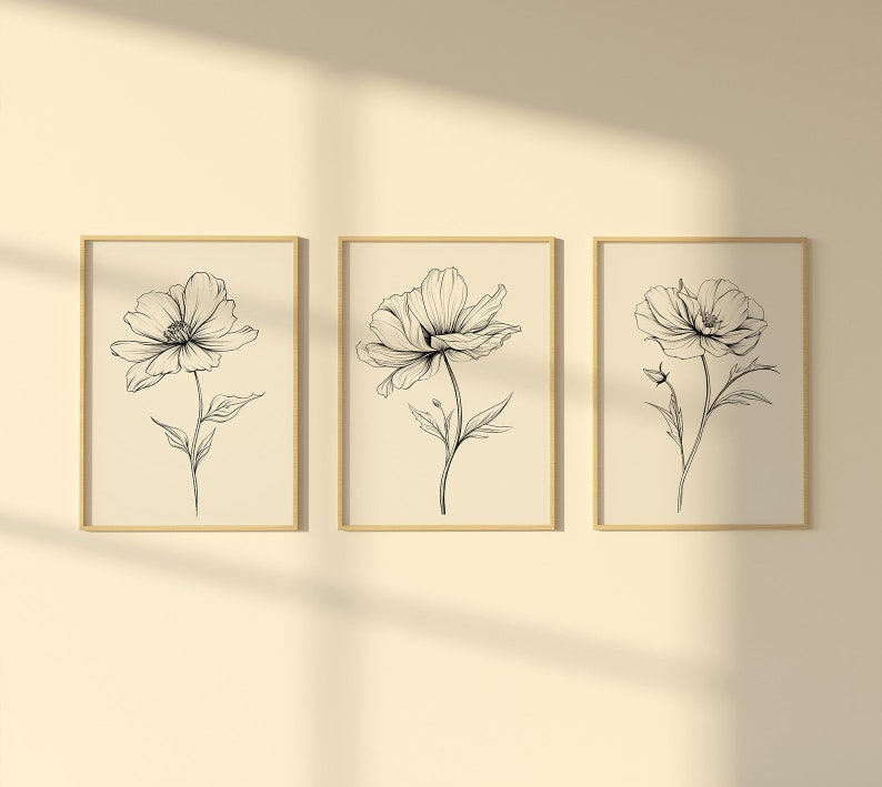Flower Line Art Prints, Set of 3 Prints, Floral Print, Black and White ...