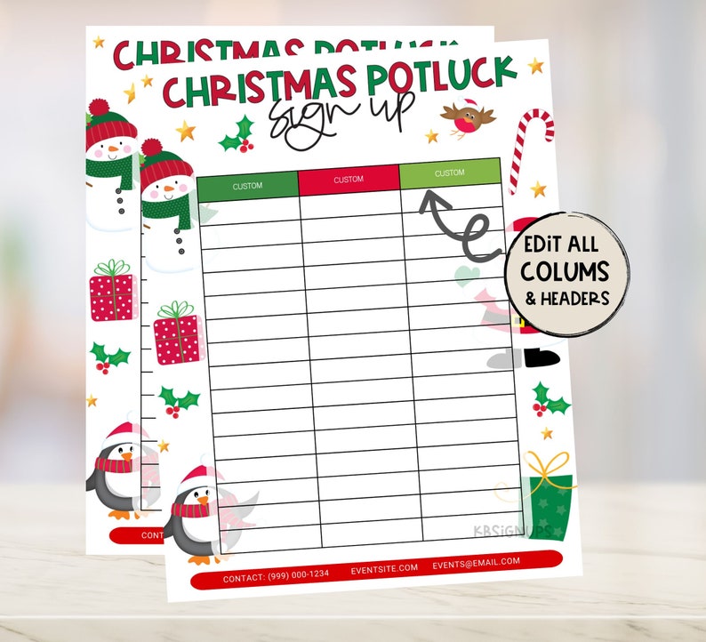 Christmas Party POTLUCK Sign-up Sheet - Editable Christmas Party Sign ...