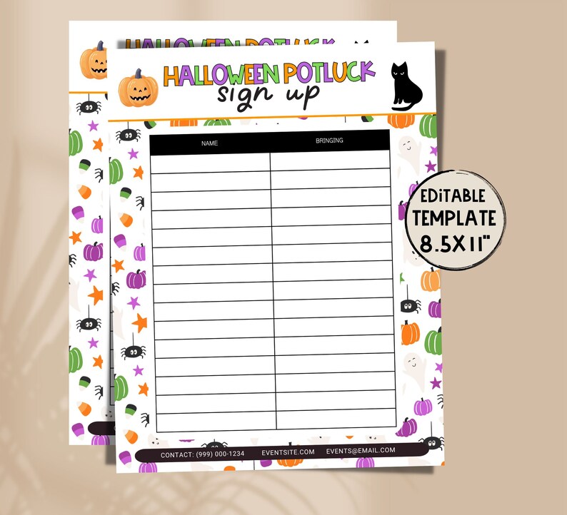 Halloween POTLUCK Editable Sign-up Sheet Template - Cute Ghost | Spooky ...
