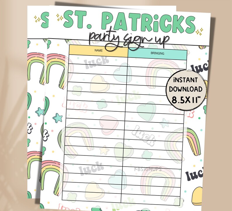 St. Patricks PARTY POTLUCK Sign-up Sheet March Class Party Volunteer ...
