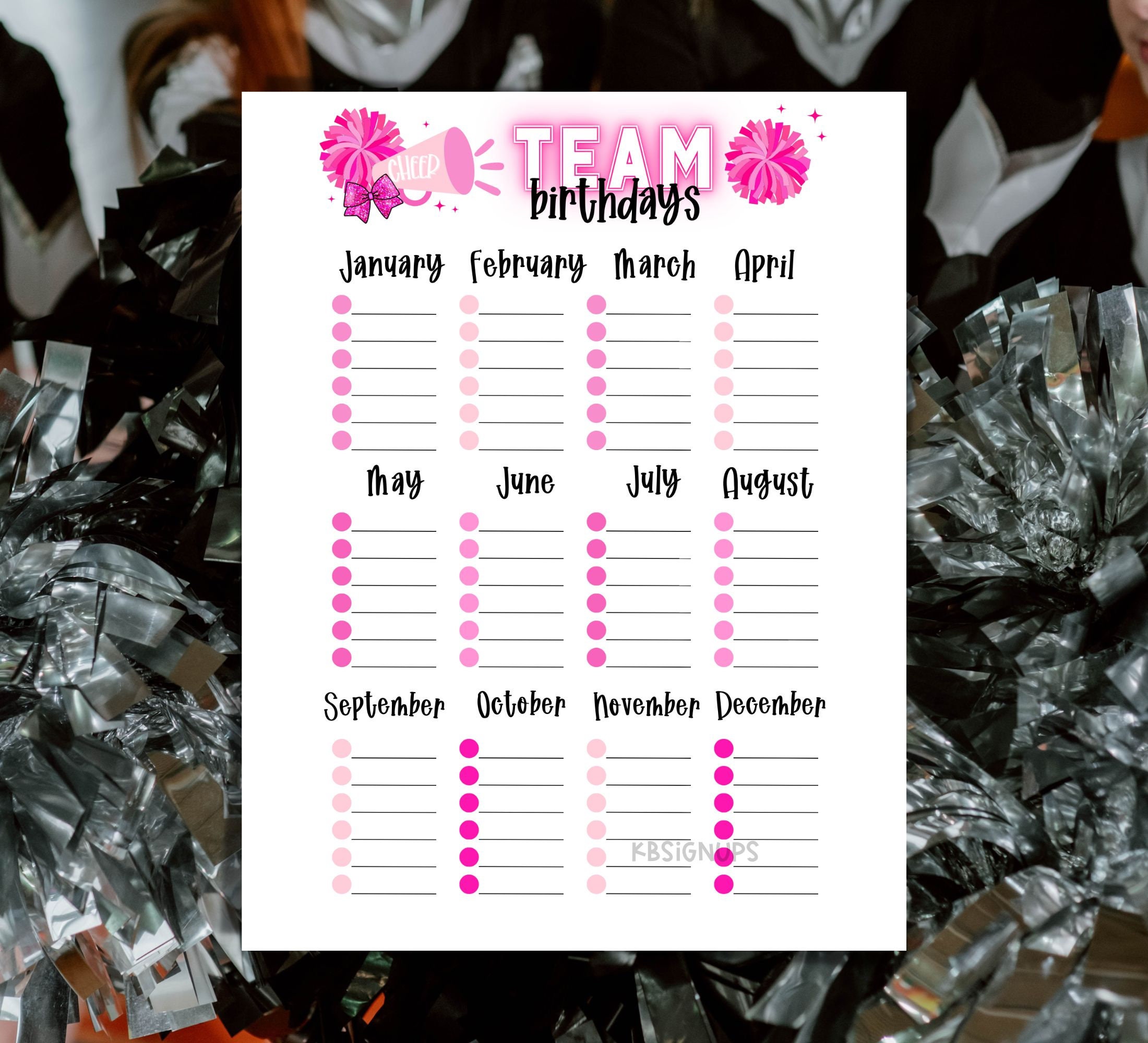 Cheer Team Birthday Tracker Printable Template | Birthday Planner ...