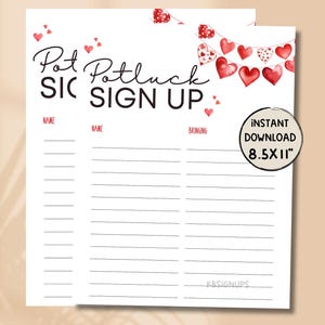 Valentines Day POTLUCK Sign-up Sheet - Valentine Class Party ...