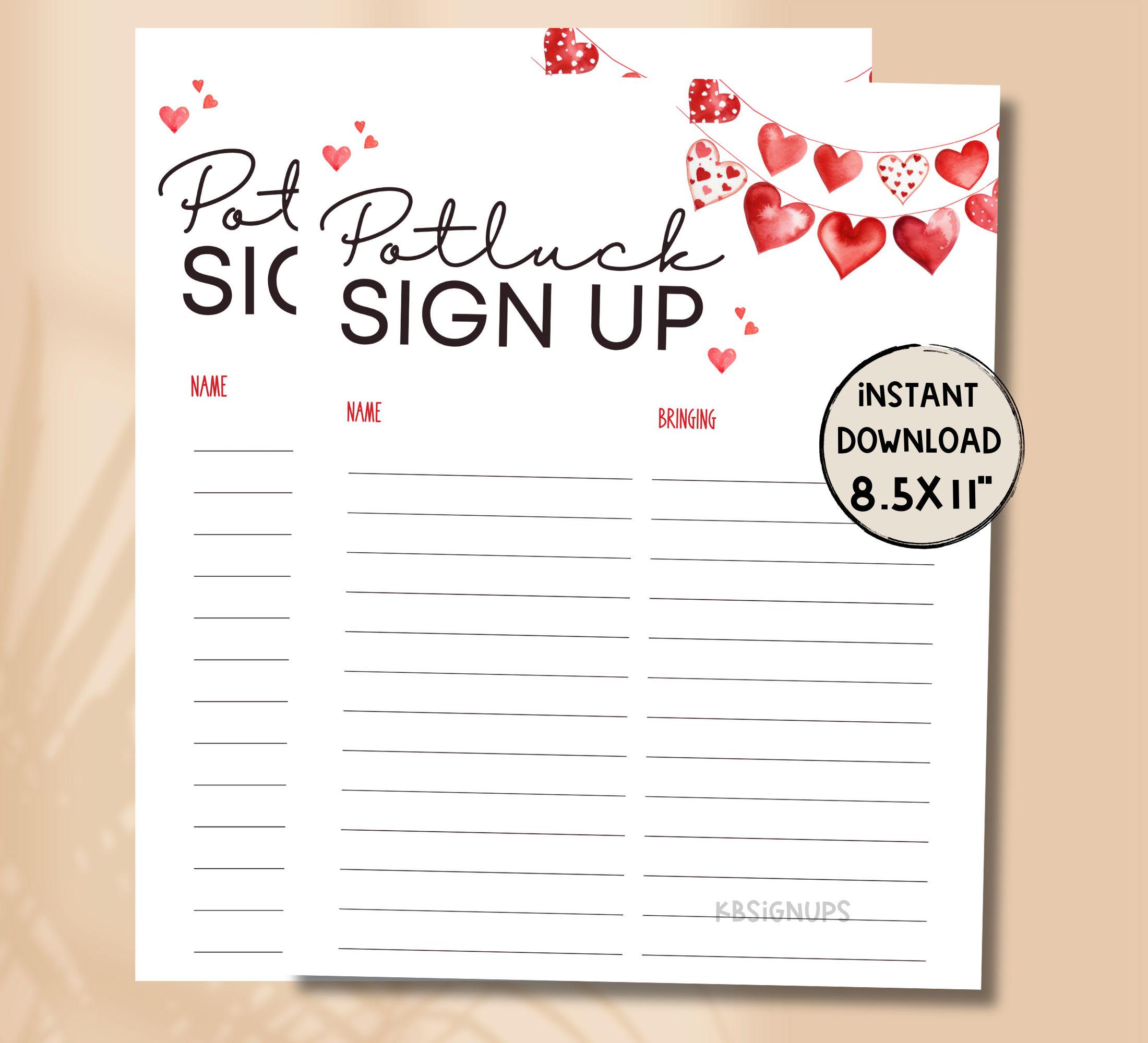 Valentines Day POTLUCK Sign-up Sheet - Valentine Class Party ...