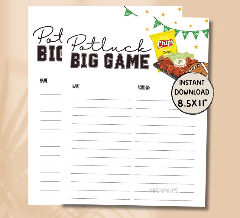 Football POTLUCK Sign-up Sheet - Class Party| Instant Download Party ...