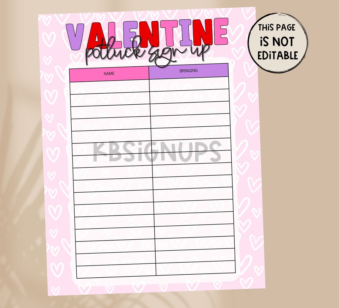 Valentines Day POTLUCK Sign-up Sheet Valentine Class Party Volunteer ...