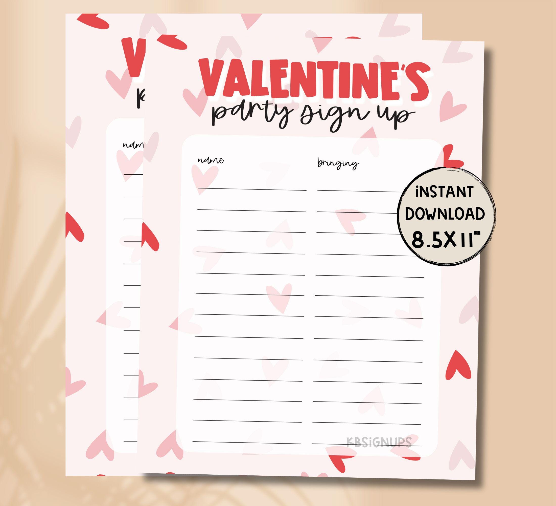 Valentines Day POTLUCK Sign-up Sheet - Kids Valentine Class Party ...