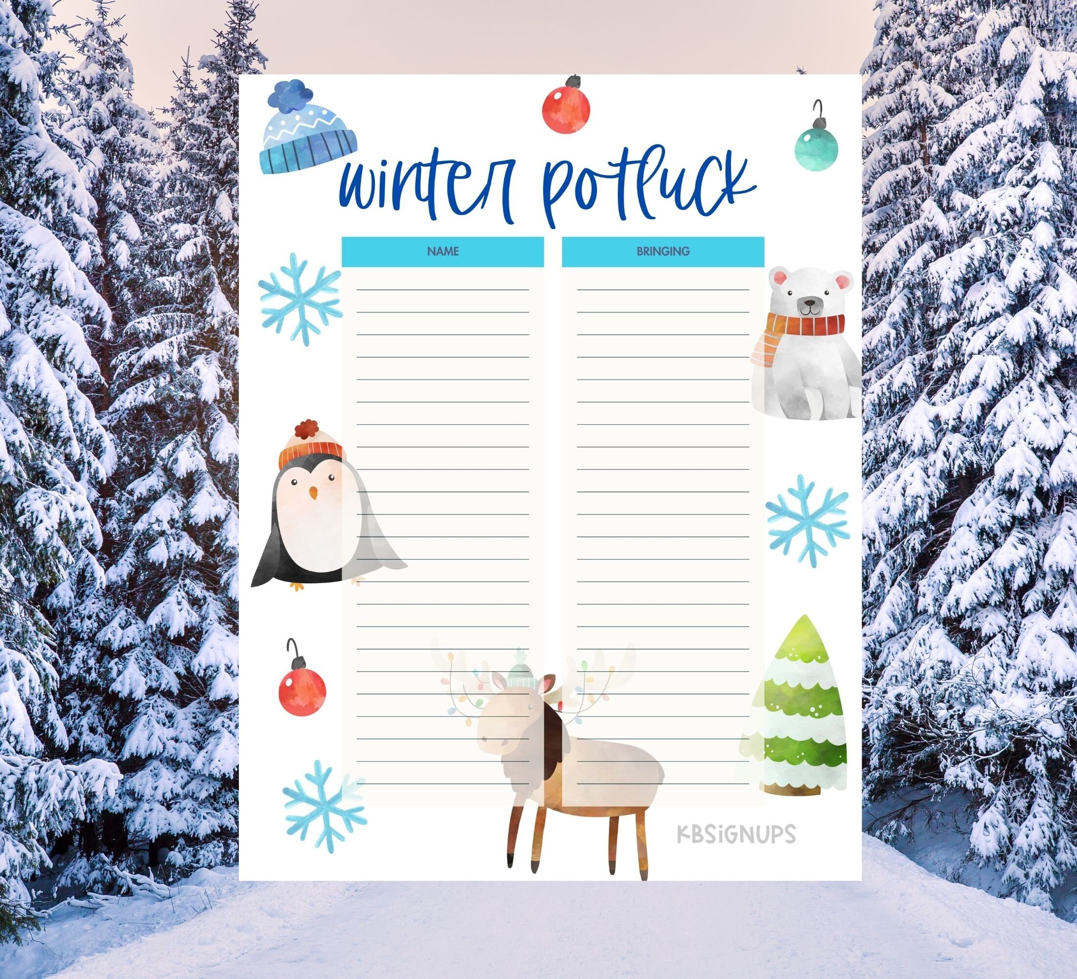 Winter Party POTLUCK Sign-up Sheet Christmas Preschool Class Party ...