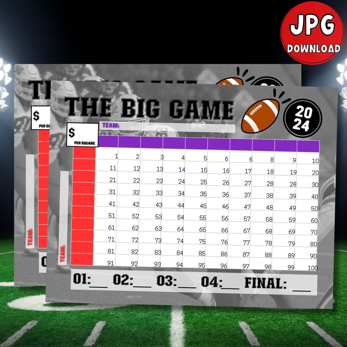 100 Football Squares Printable | Football Square Fundraiser | Football ...