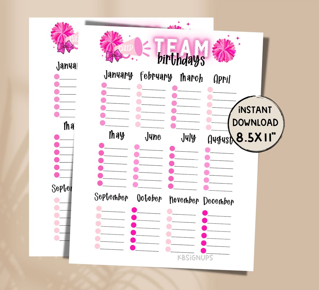Cheer Team Birthday Tracker Printable Template | Birthday Planner ...