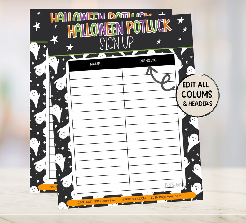 Halloween POTLUCK Editable Sign-up Sheet Template - Spooky Volunteer ...