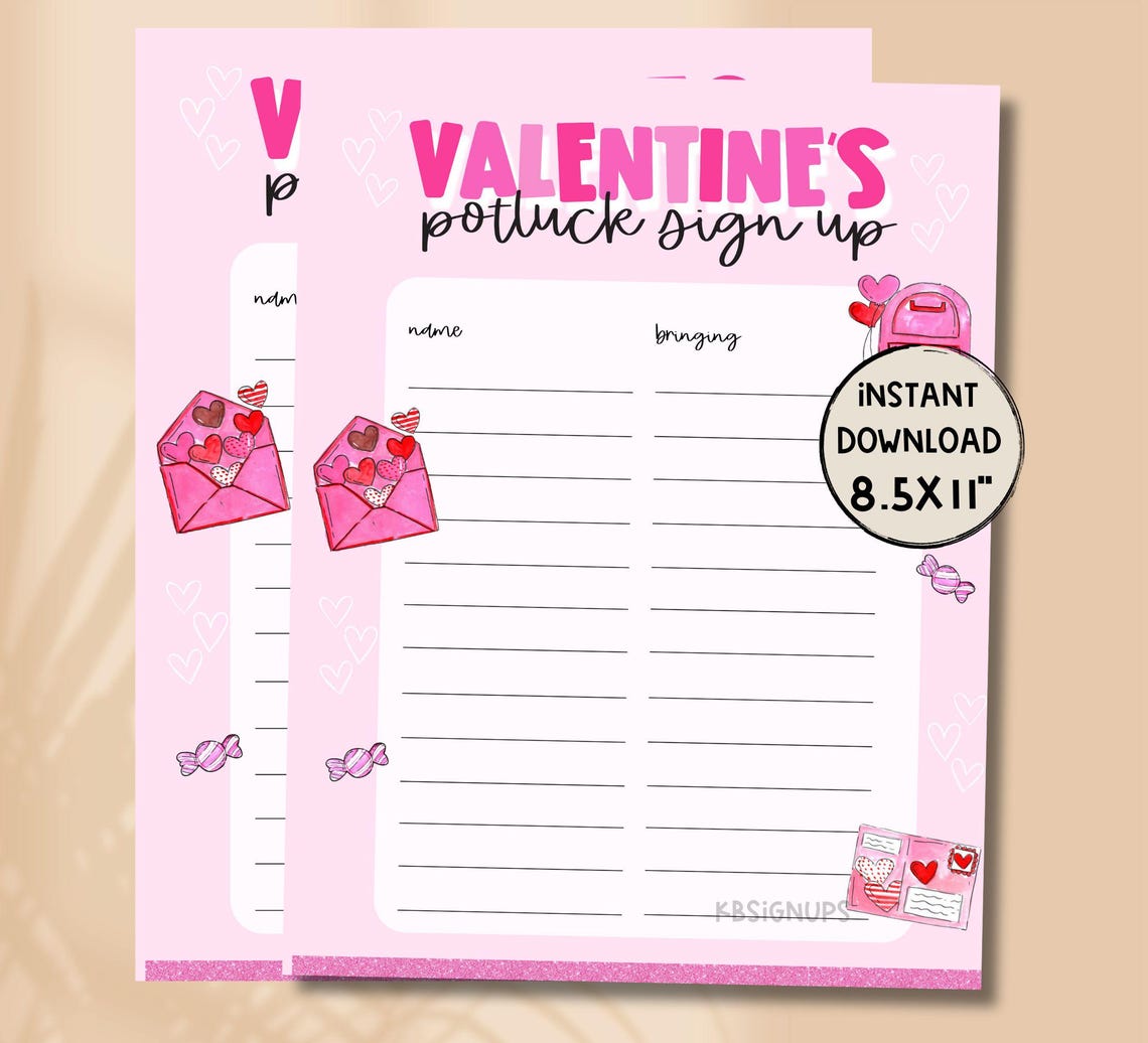 Valentines Day POTLUCK Sign-up Sheet - Kids Valentine Class Party ...