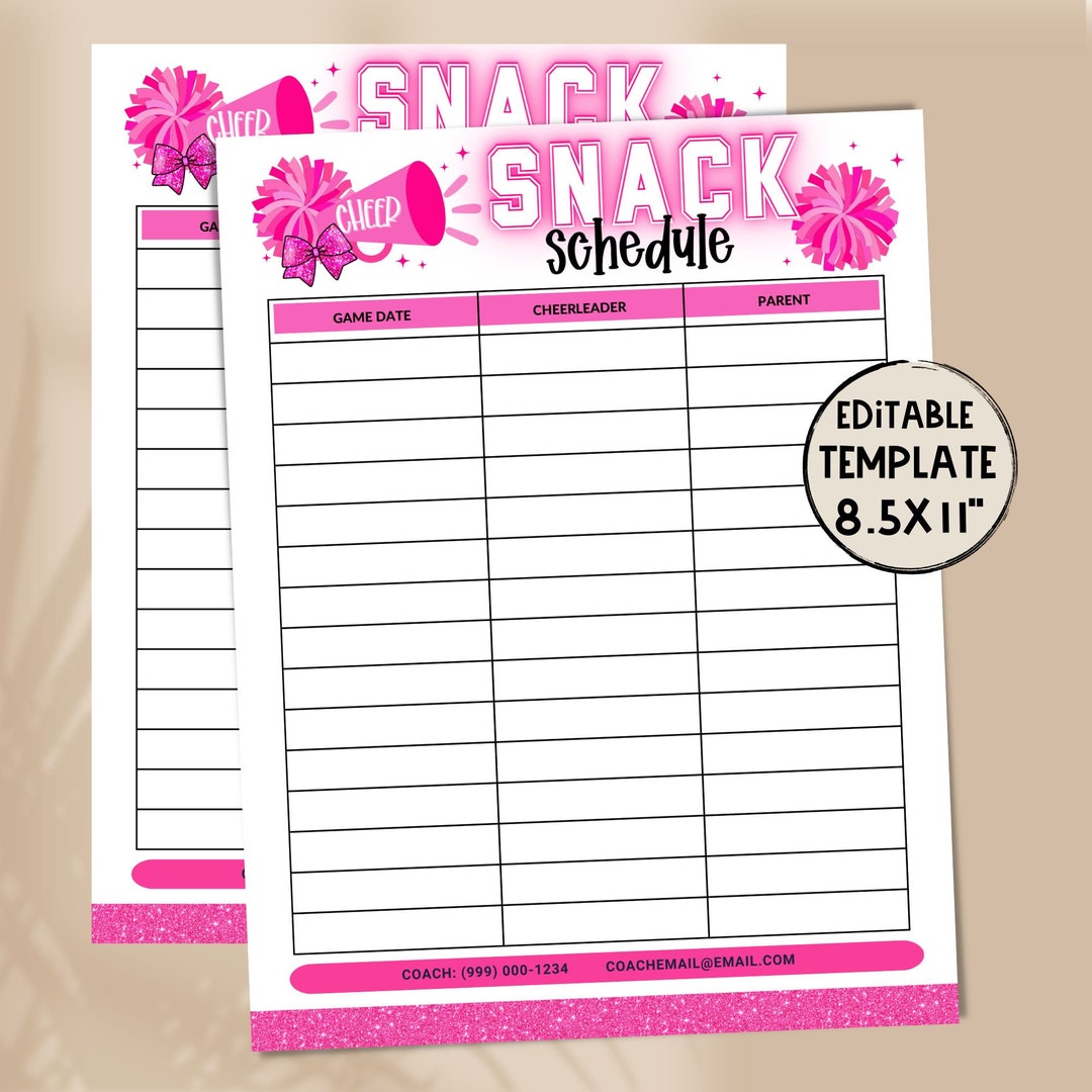 Pink Cheer Snack Sign up Editable Cheerleader Snack Sign up Game Day ...
