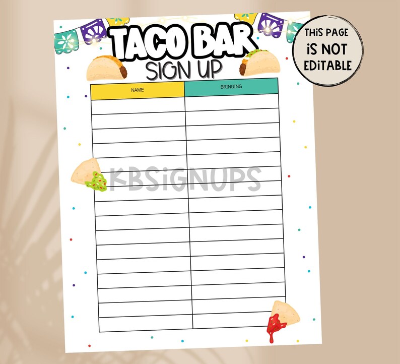 Fiesta Potluck Sign up Sheet | Taco Bar Sign up | Office Potluck Party ...