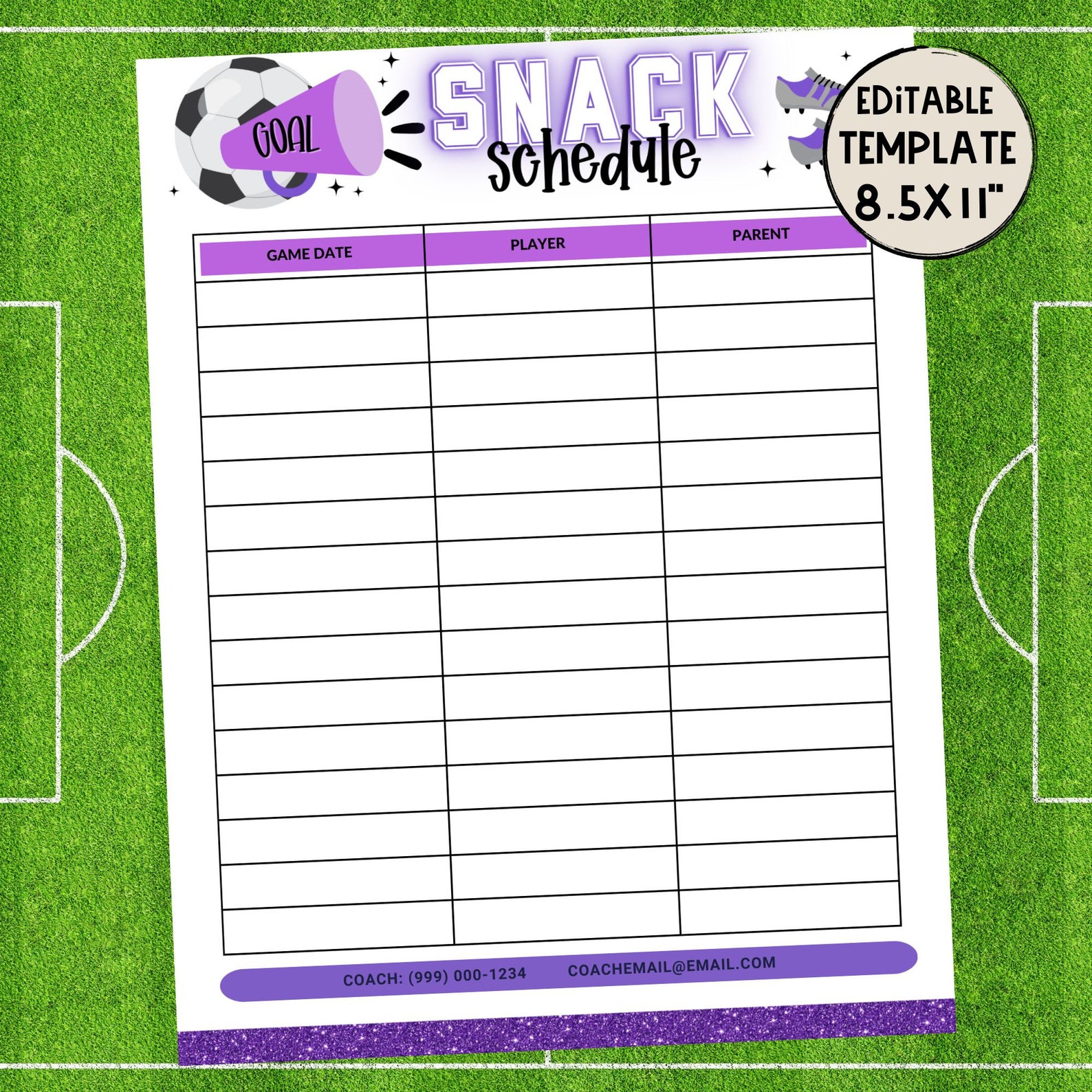 Editable PURPLE Soccer Snack Sign up | Game Day Snack Template ...