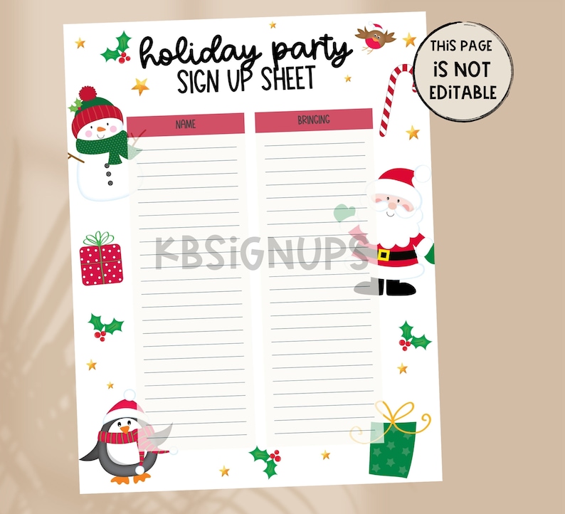 Christmas Party POTLUCK Sign-up Sheet - Christmas Preschool Class Party ...