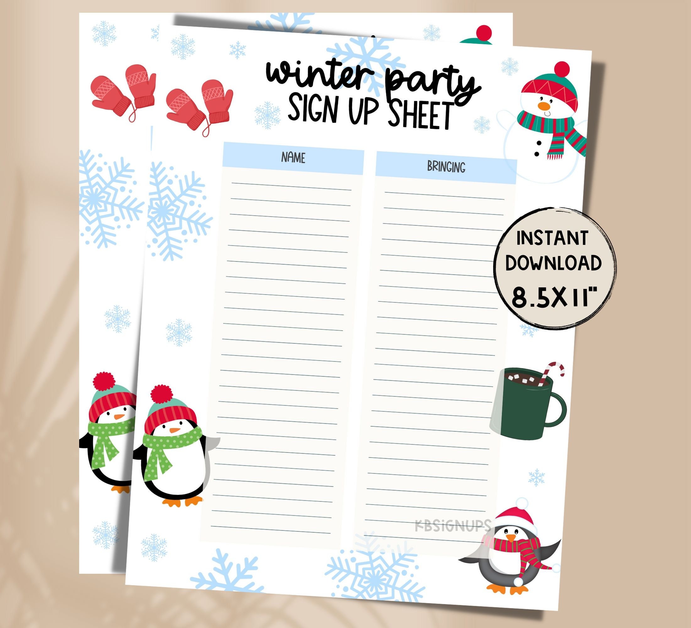 Winter Party POTLUCK Sign-up Sheet - Christmas Preschool Class Party ...