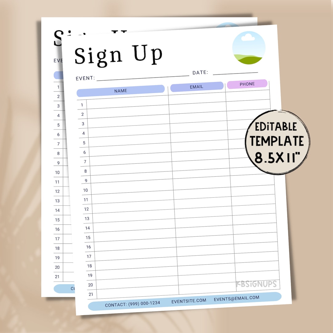 Editable Sign-up Sheet Template - Printable Sign Up. Volunteer Sign up ...