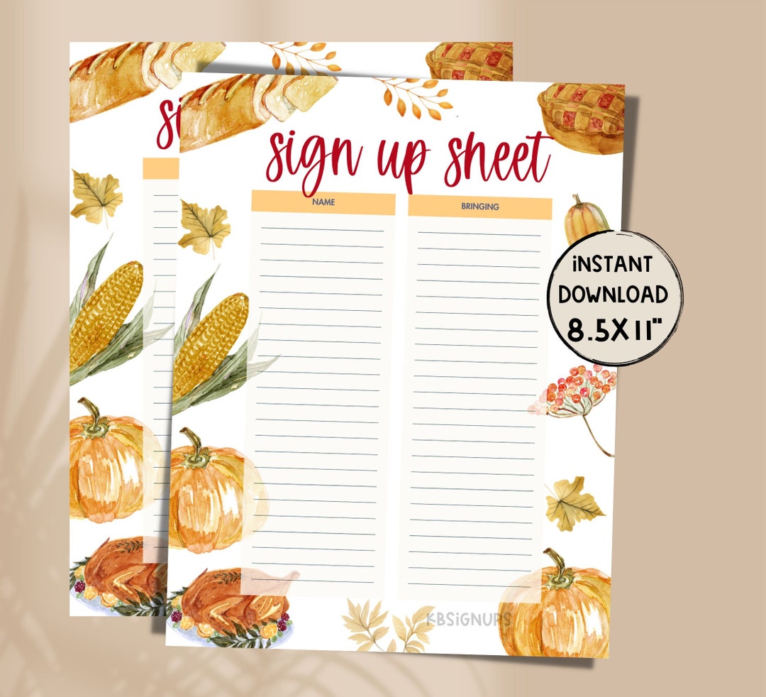 Thanksgiving POTLUCK Sign-up Sheet - Harvest Party | Volunteer Sign up ...