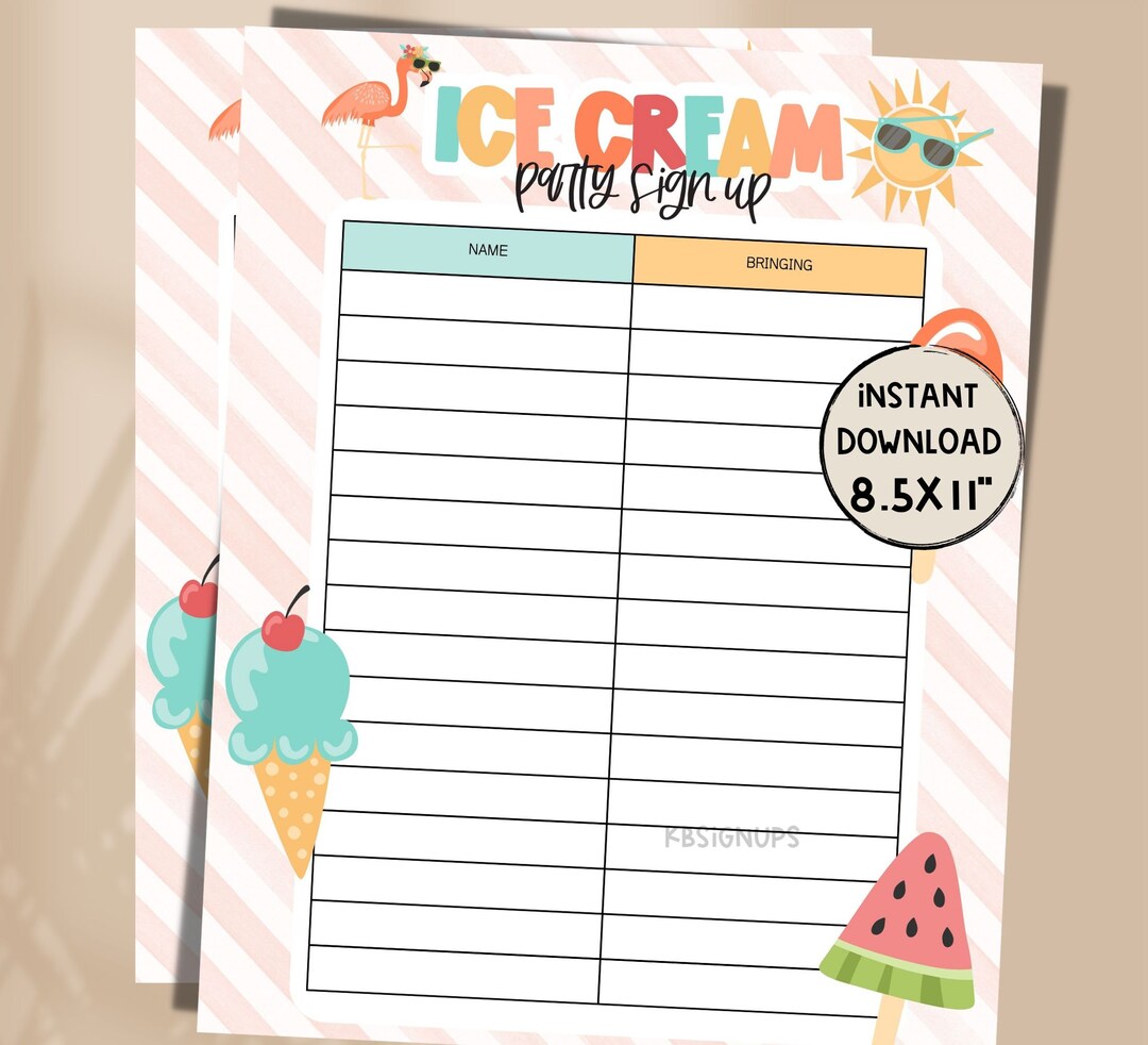 Ice Cream Party Summer BBQ PARTY Potluck Sign-up Sheet - End of Summer ...