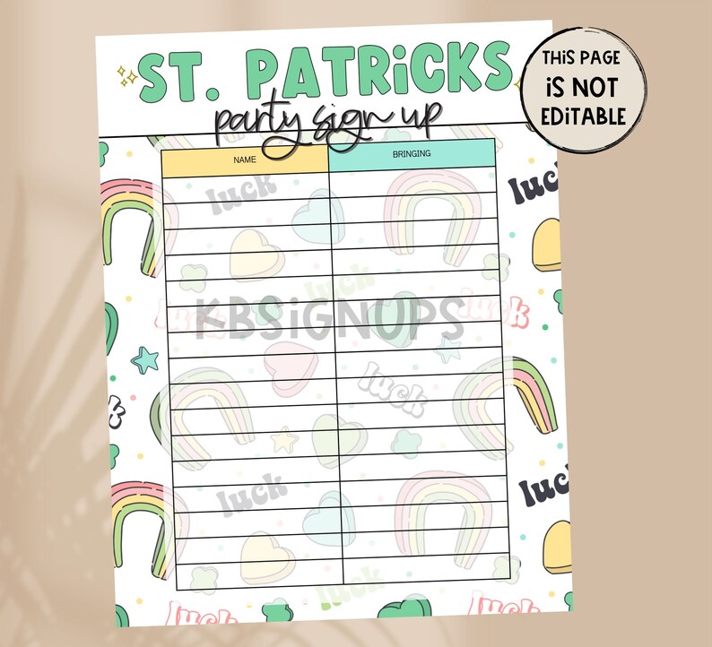 St. Patricks PARTY POTLUCK Sign-up Sheet March Class Party Volunteer ...
