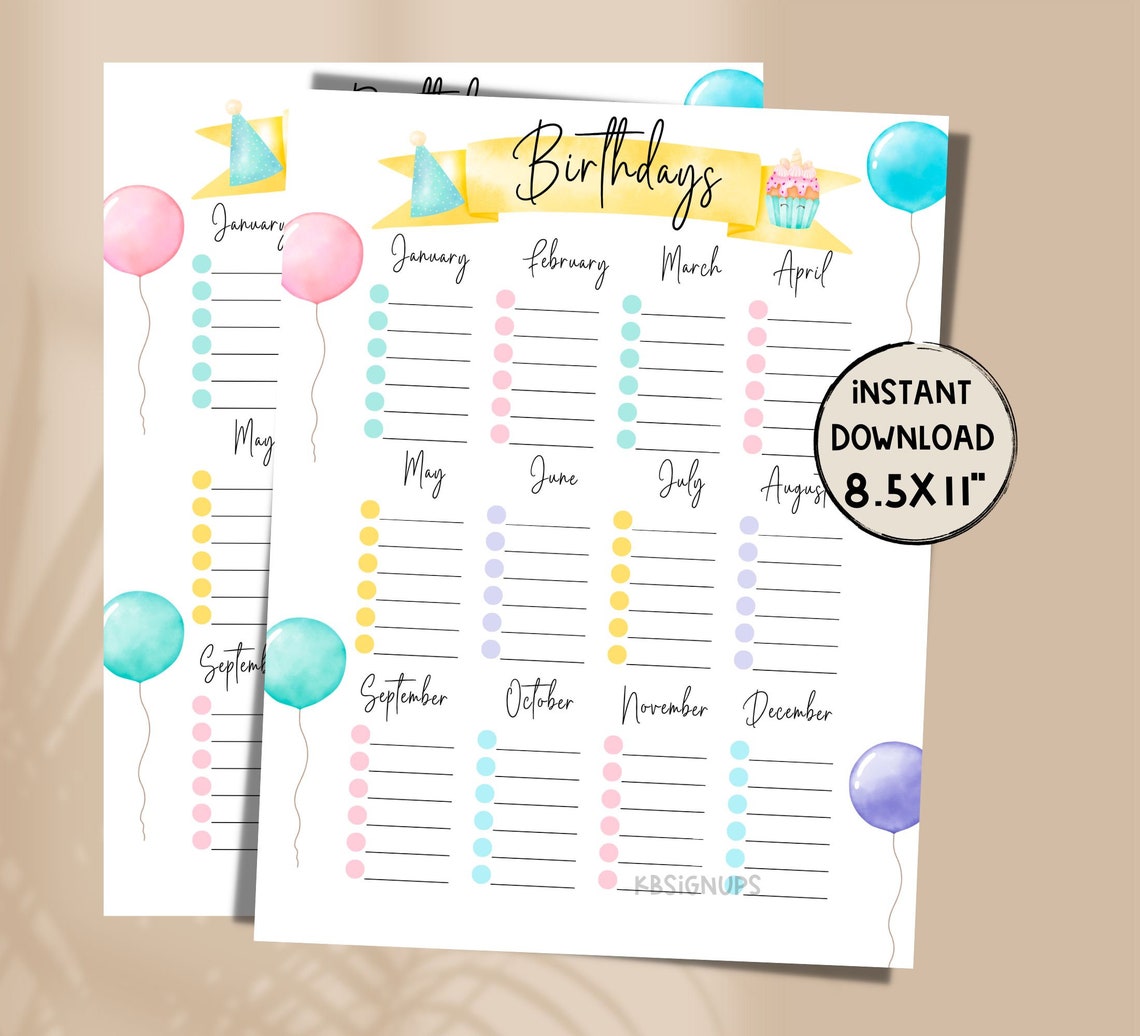 Birthday Tracker Printable Template | Birthday Planner Printable ...