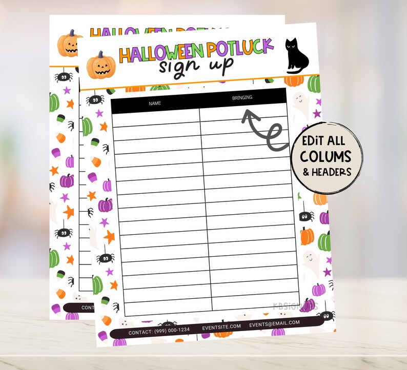 Halloween POTLUCK Editable Sign-up Sheet Template - Cute Ghost | Spooky ...