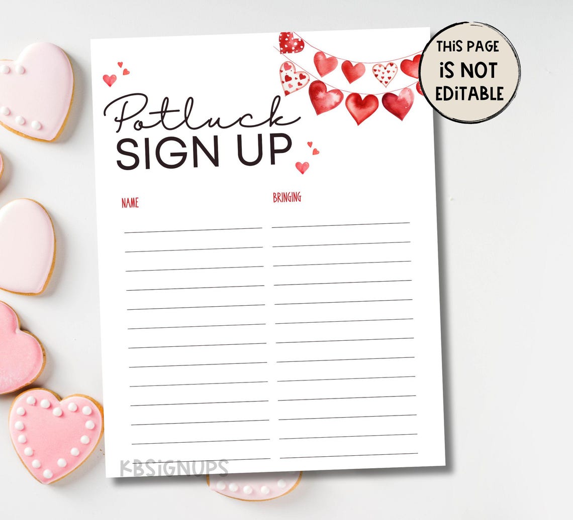 Valentines Day POTLUCK Sign-up Sheet - Valentine Class Party ...