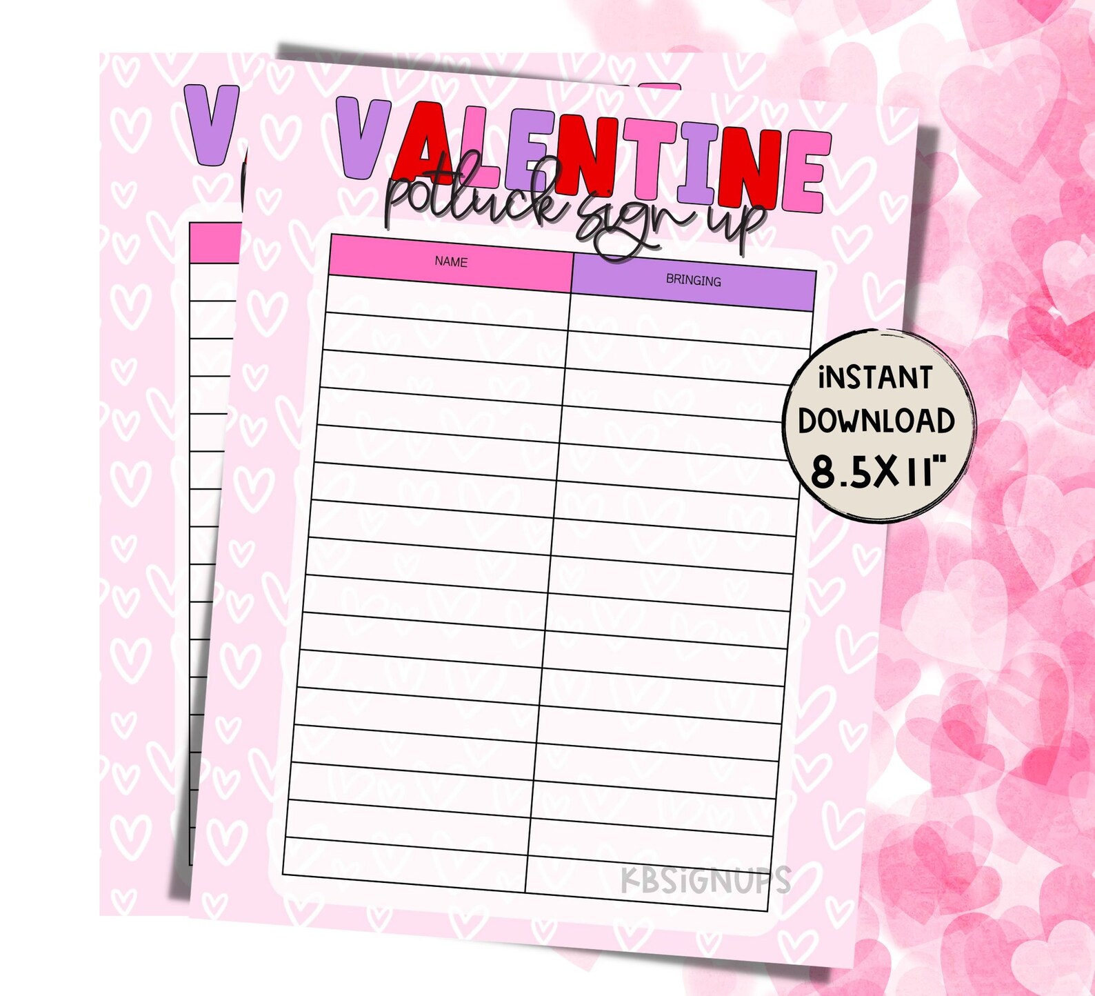 Valentines Day POTLUCK Sign-up Sheet Valentine Class Party Volunteer ...