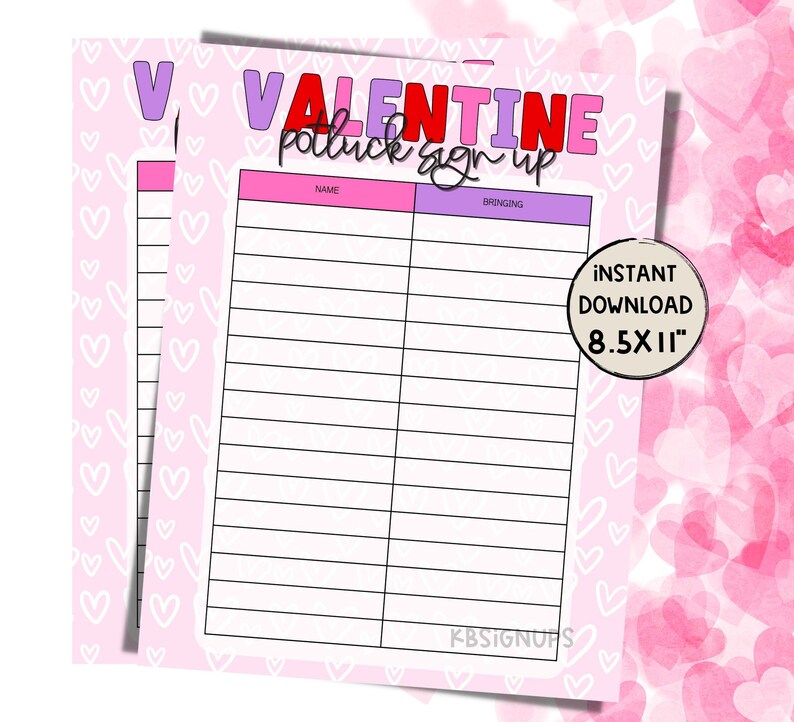 Valentines Day POTLUCK Sign-up Sheet Valentine Class Party Volunteer ...