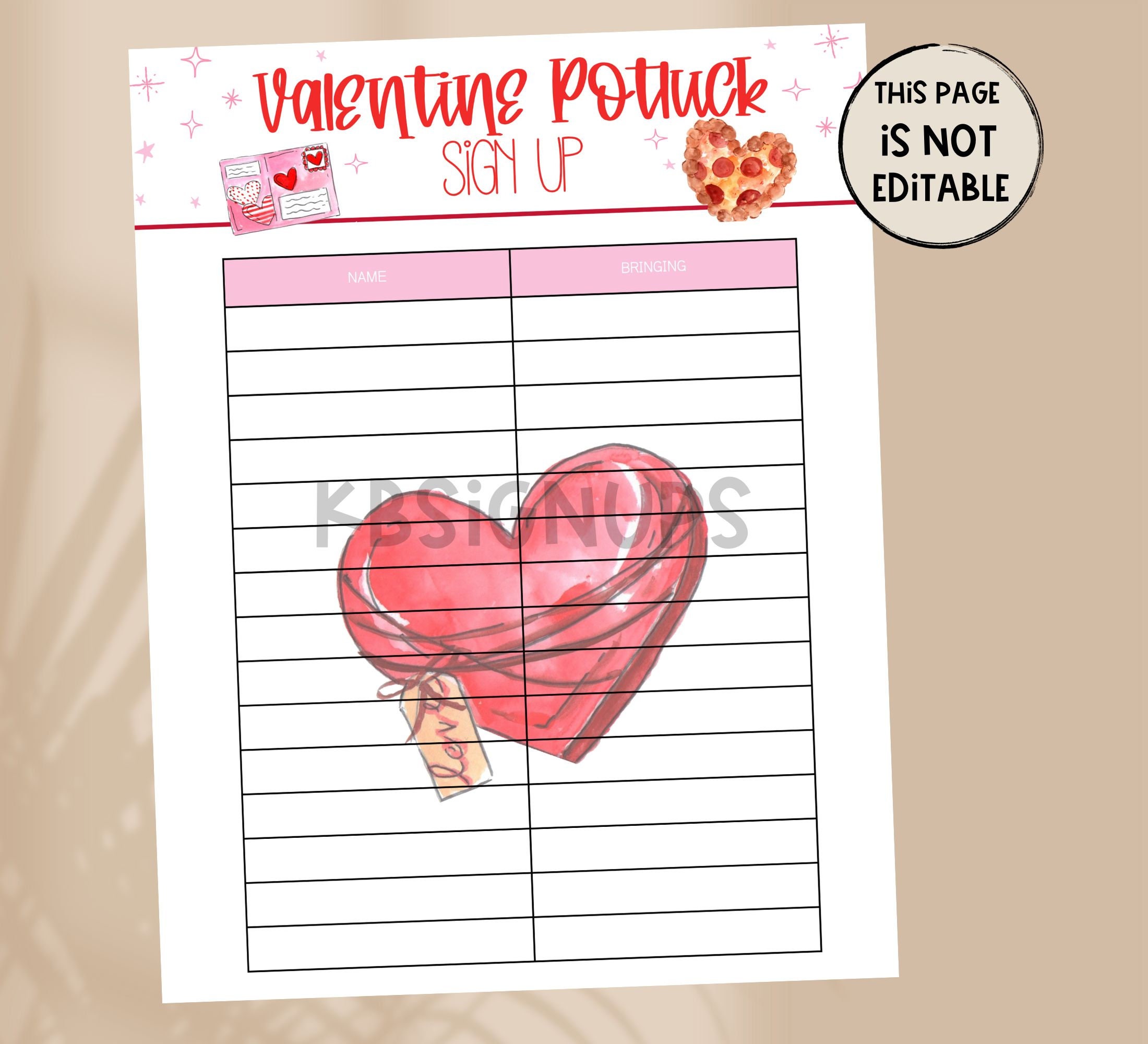 Valentines Day POTLUCK Sign-up Sheet Valentine Class Party Volunteer ...