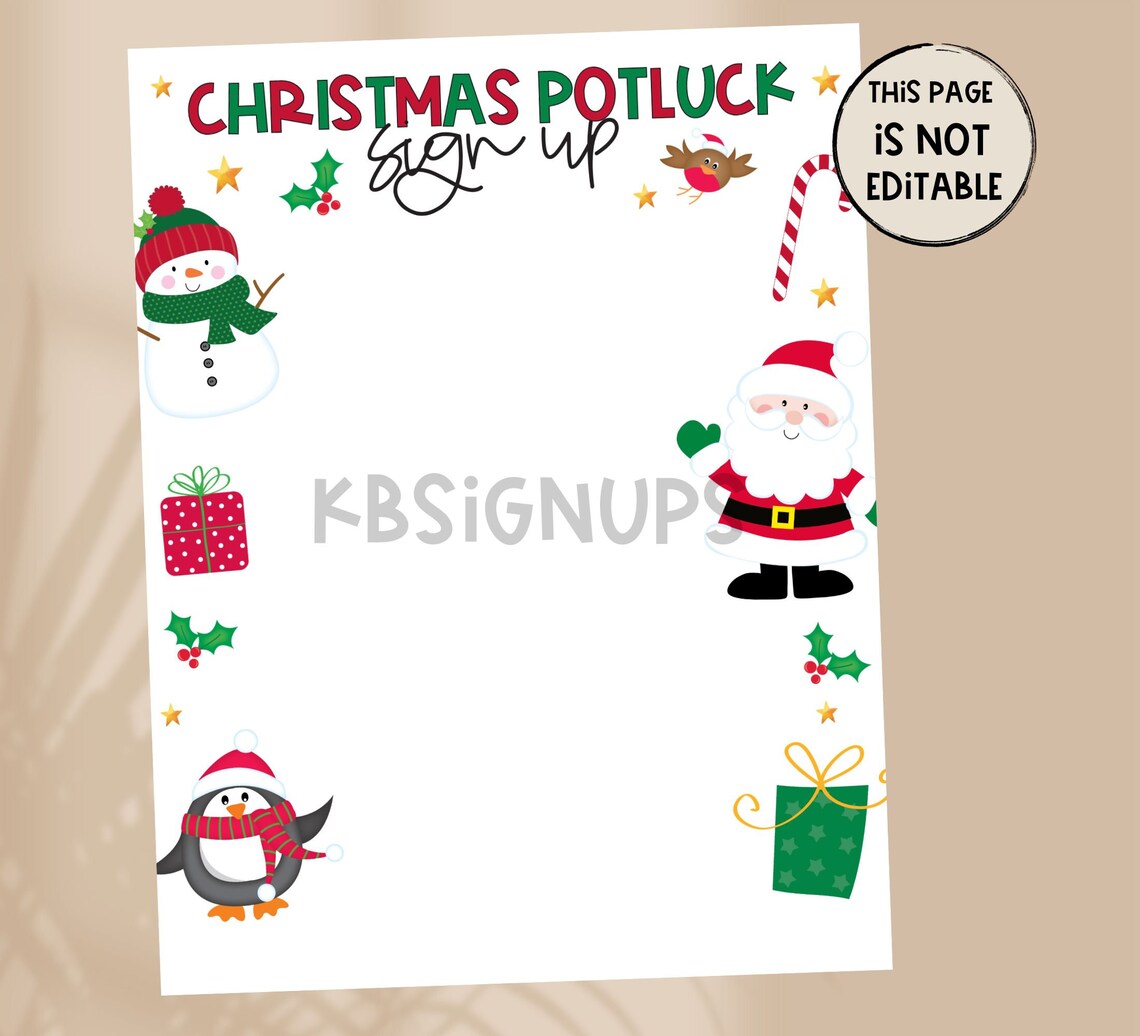 Christmas Party POTLUCK Sign-up Sheet - Editable Christmas Party Sign ...