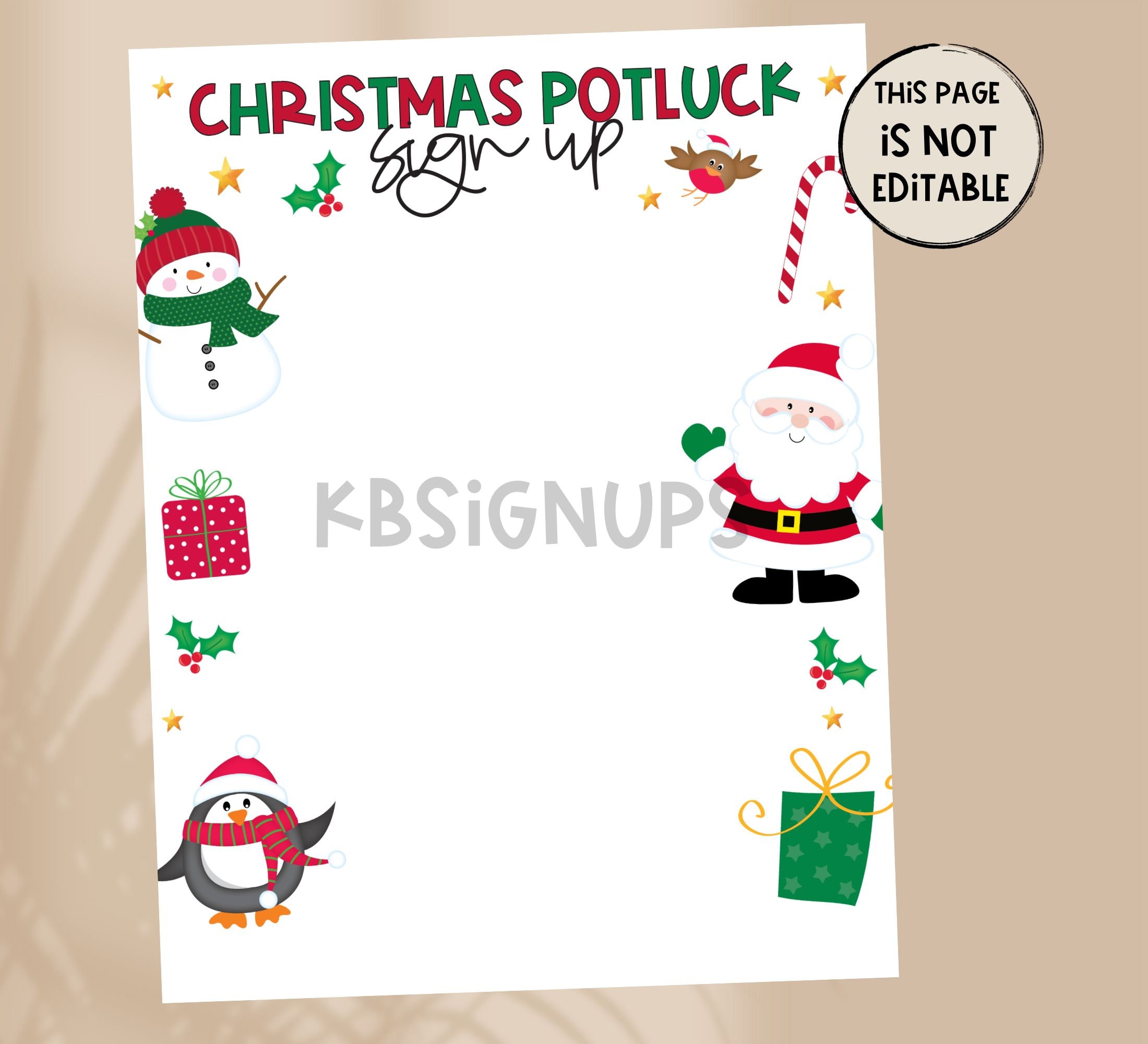 Christmas Party POTLUCK Sign-up Sheet - Editable Christmas Party Sign ...
