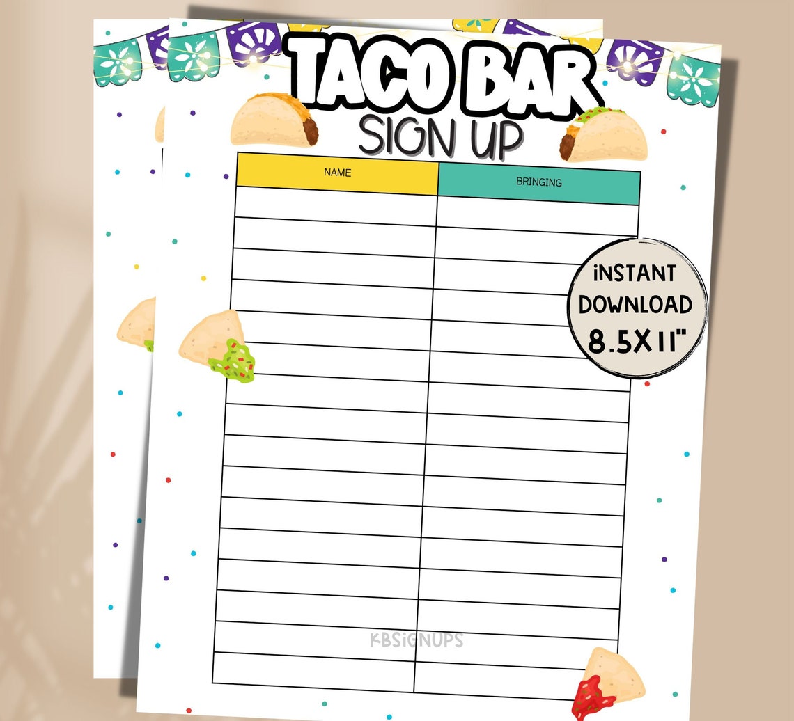 Fiesta Potluck Sign up Sheet | Taco Bar Sign up | Office Potluck Party ...