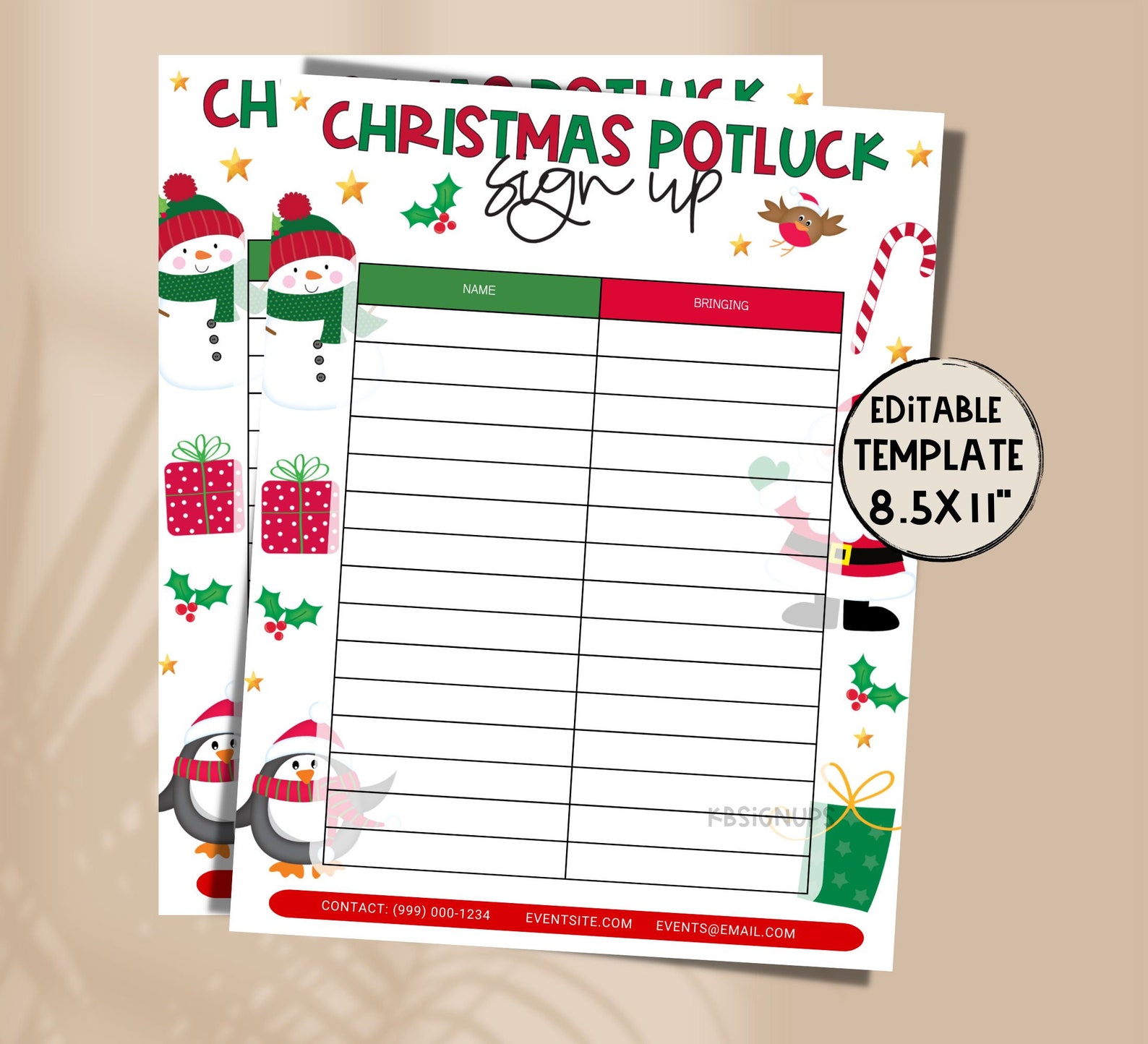 Christmas Party POTLUCK Sign-up Sheet - Editable Christmas Party Sign ...