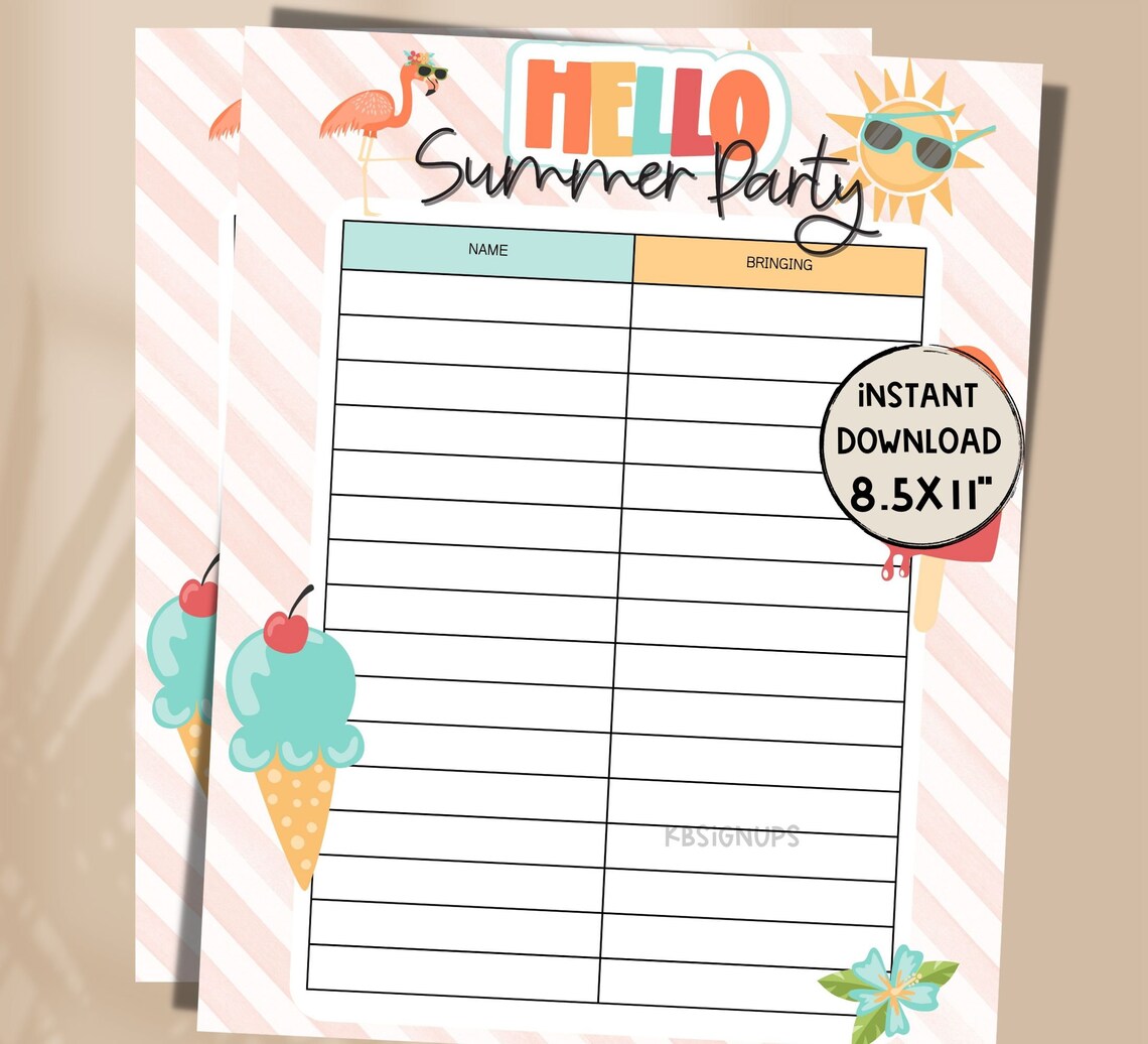 Hello Summer BBQ PARTY Potluck Sign-up Sheet End of Summer Party Black ...