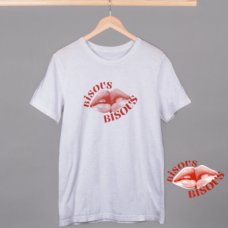 Bisous Kiss French Phrase Magazine Collage Print Cutout of Lips, Cool Tee, Vintage Mod Style ...
