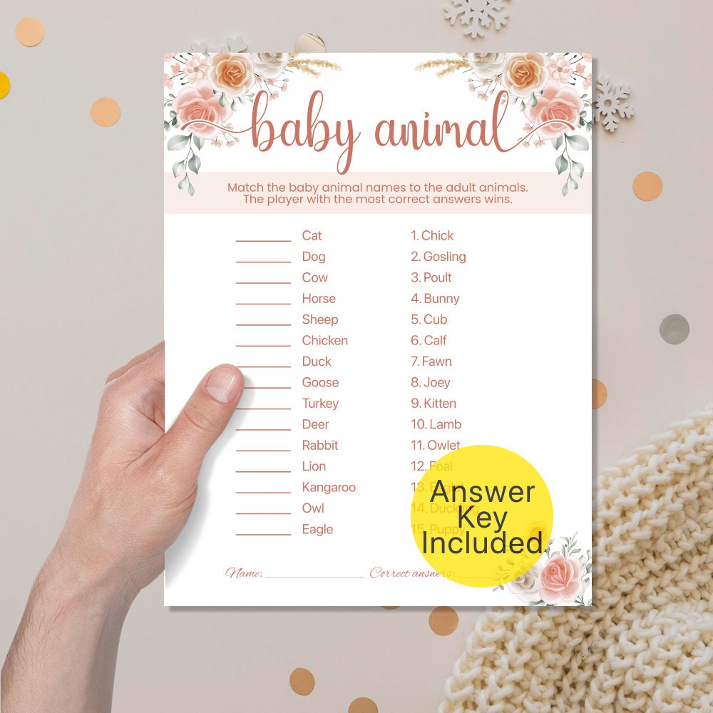 Pink Floral Boho Baby Shower Game Baby Animal Baby Shower Games ...