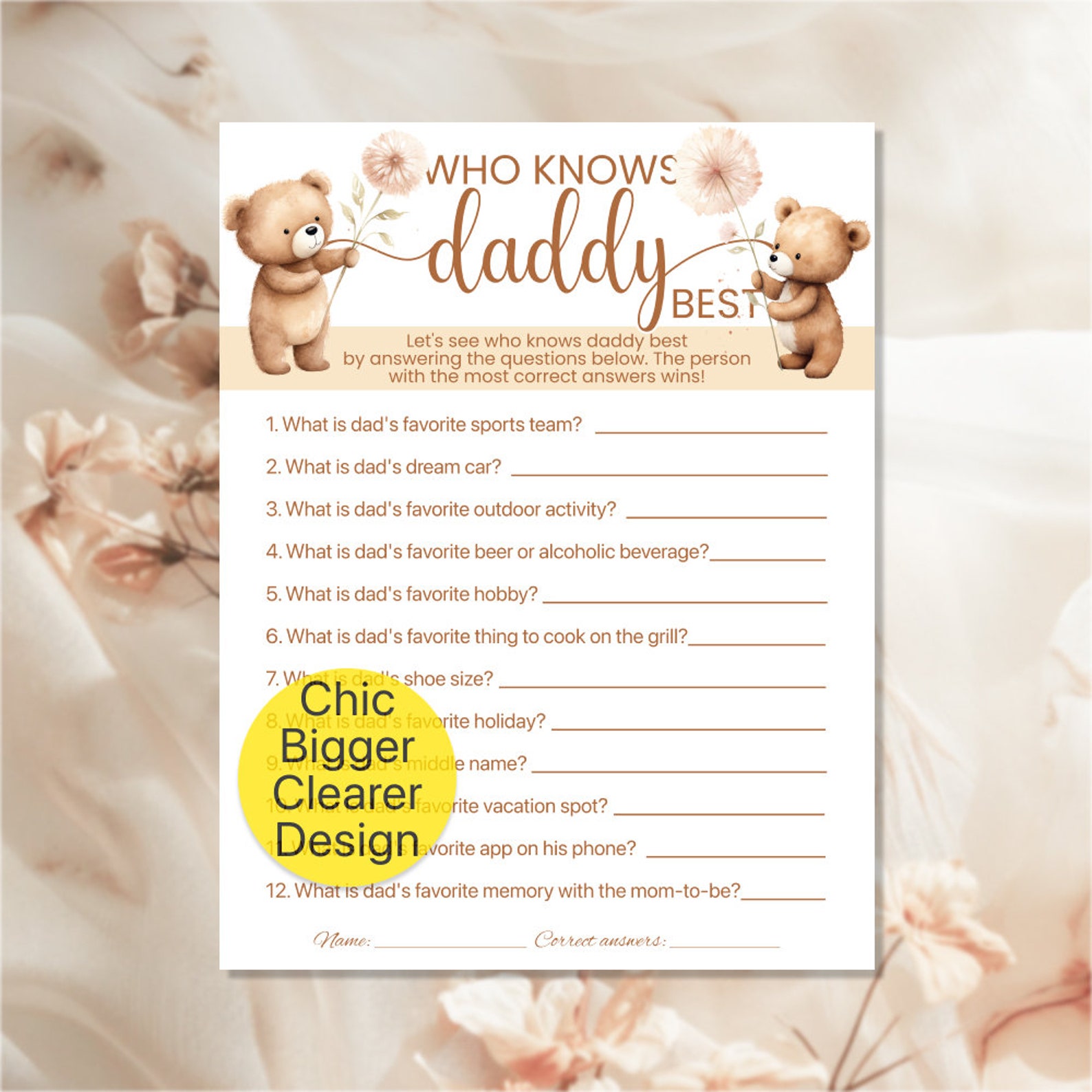 Boho Teddy Bear Baby Shower Game Who Knows Daddy Best Baby Shower Games ...