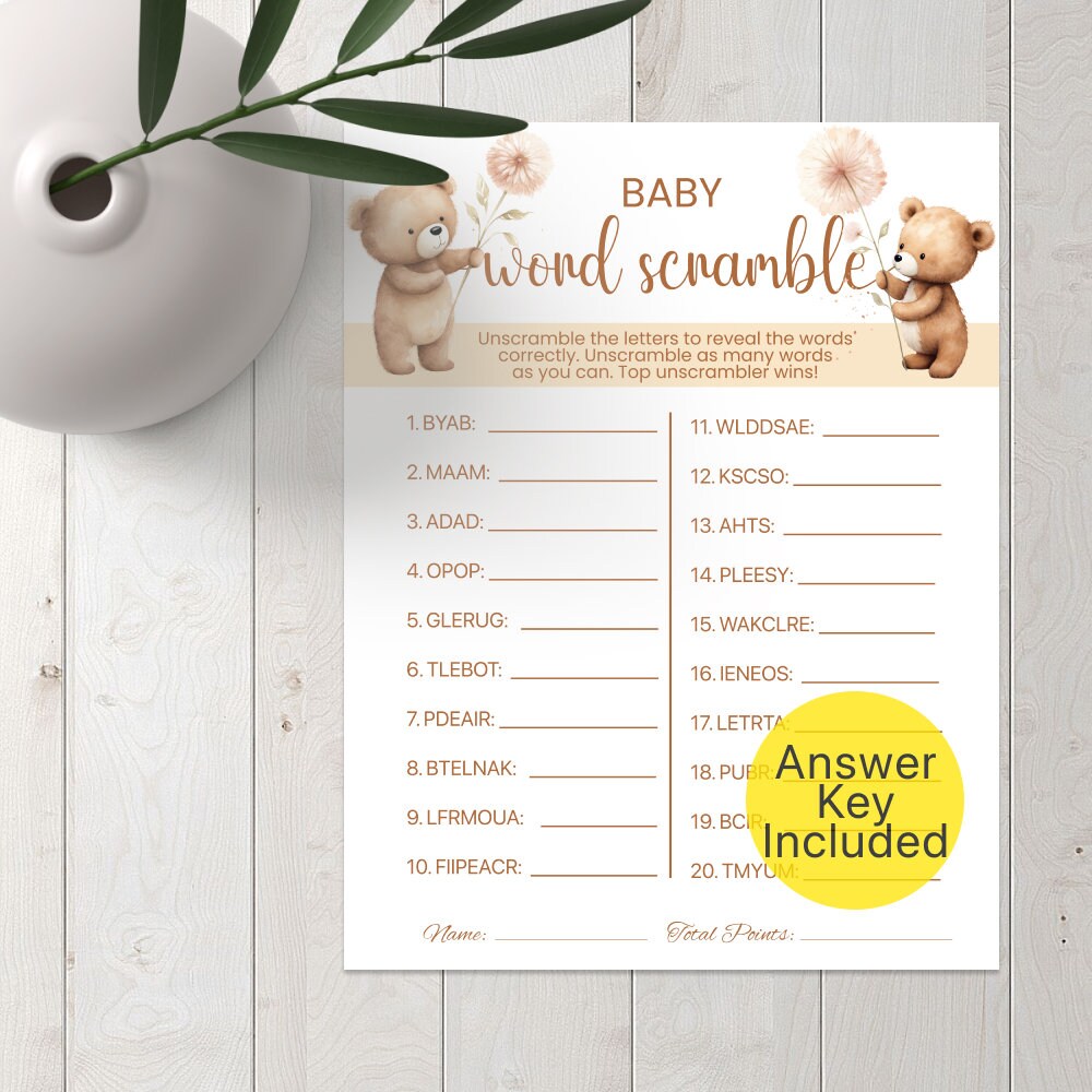 Boho Teddy Bear Baby Shower Game Baby Word Scramble Baby Shower Games ...