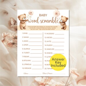 Boho Teddy Bear Baby Shower Game Baby Word Scramble Baby Shower Games ...