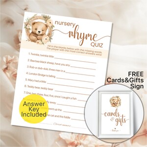 Boho Bear Baby Shower Nursery Rhyme Quiz Baby Shower Games Printable ...