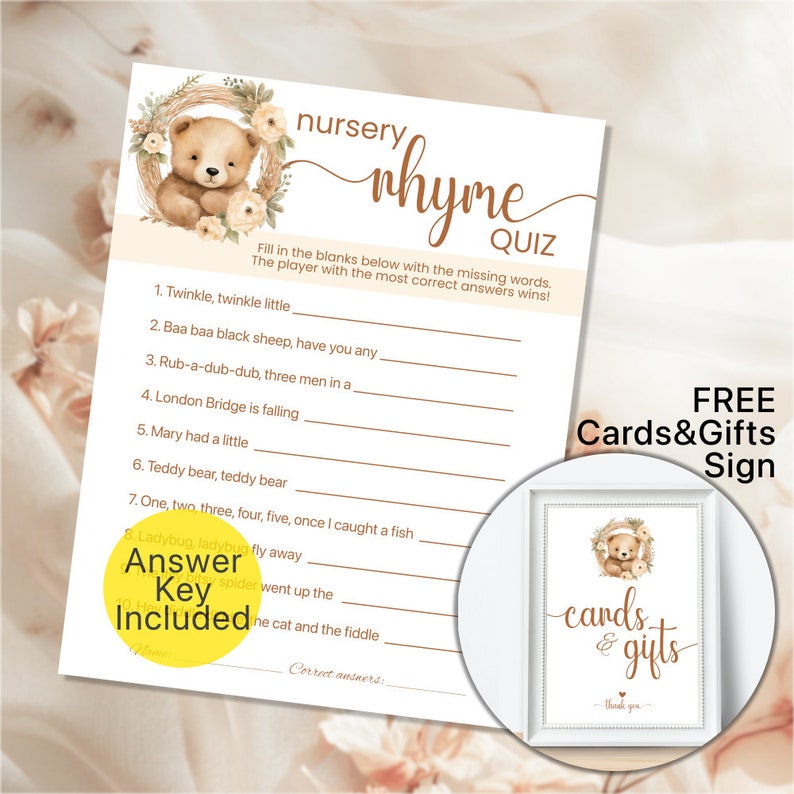 Boho Bear Baby Shower Nursery Rhyme Quiz Baby Shower Games Printable ...