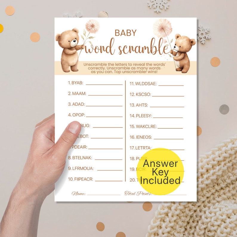 Boho Teddy Bear Baby Shower Game Baby Word Scramble Baby Shower Games ...