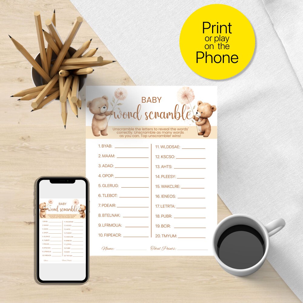 Boho Teddy Bear Baby Shower Game Baby Word Scramble Baby Shower Games ...