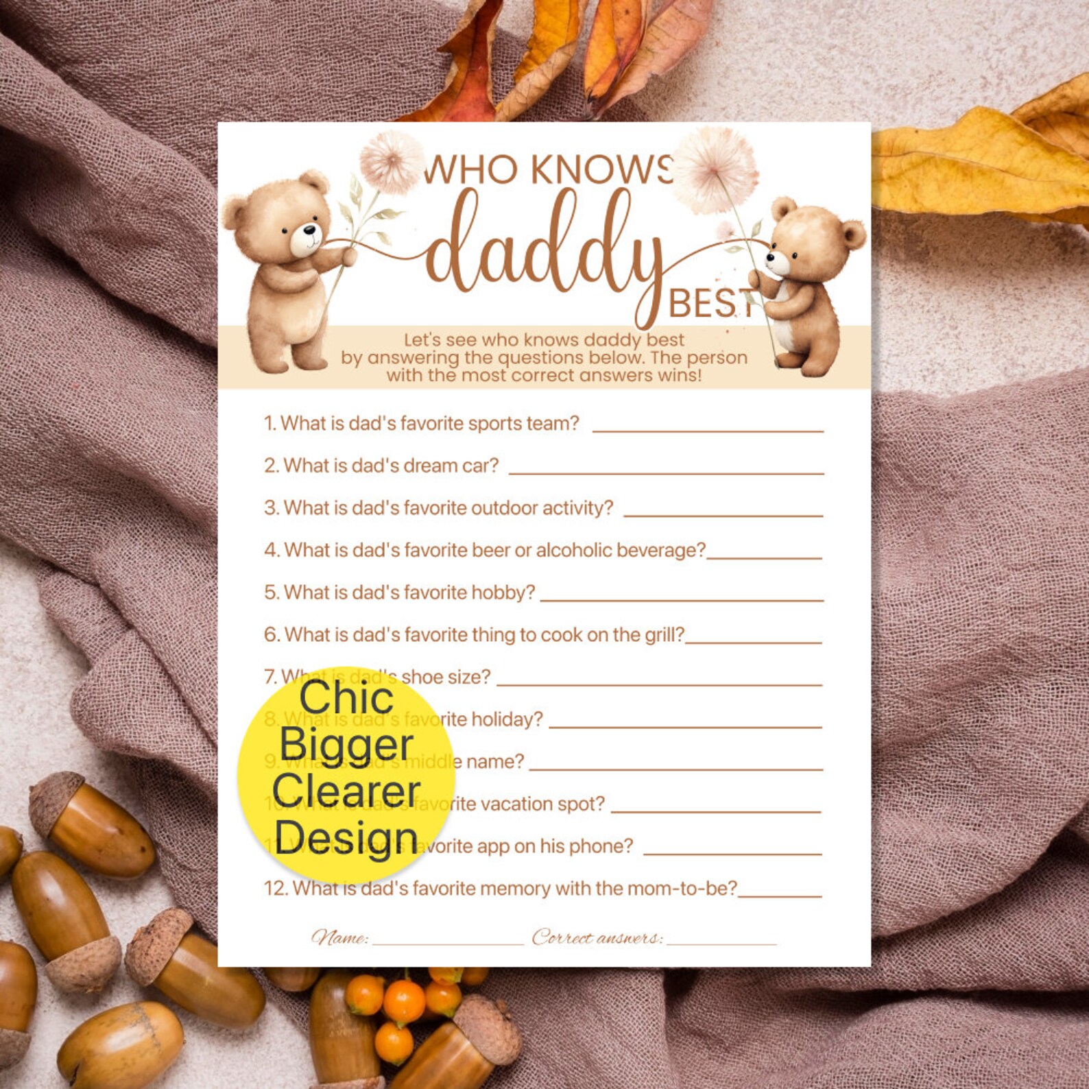 Boho Teddy Bear Baby Shower Game Who Knows Daddy Best Baby Shower Games ...